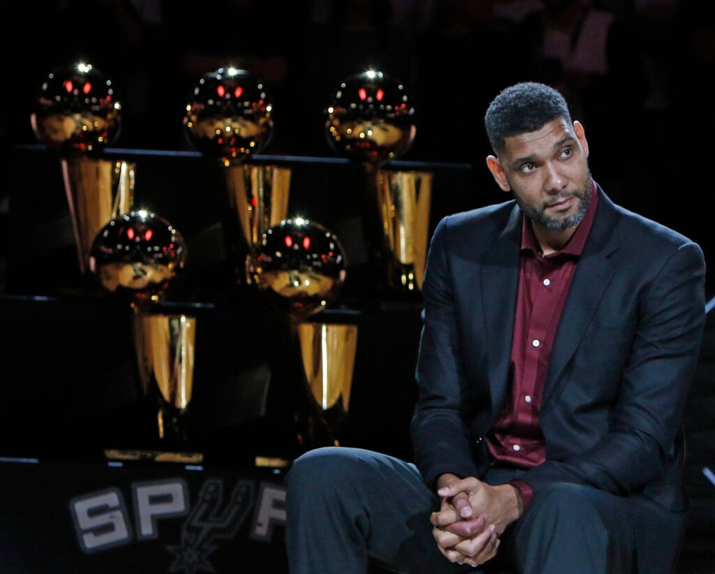 Tim Duncan during his jersey retirement ceremony - Players Bio